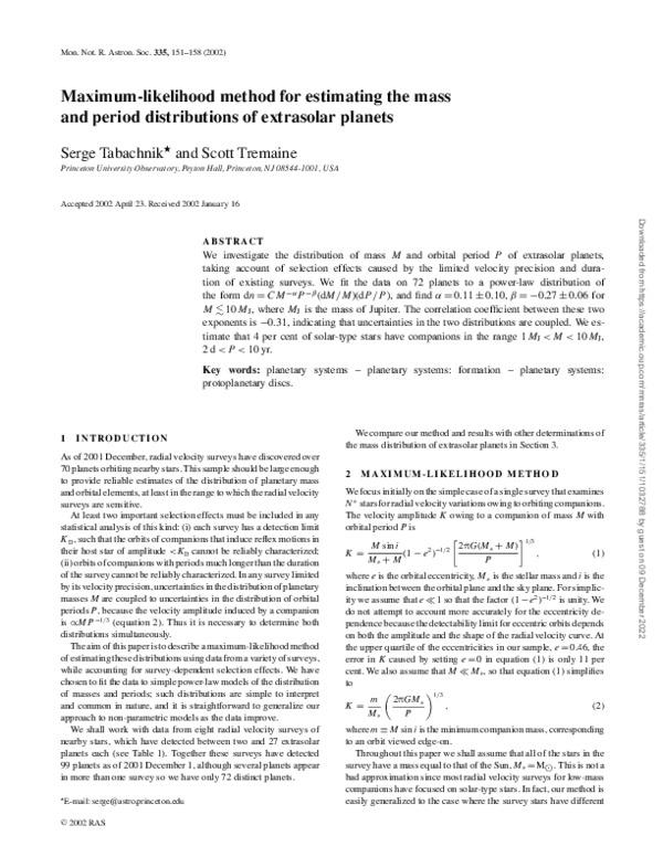 (PDF) Maximum-likelihood method for estimating the mass and period distributions of extrasolar ...