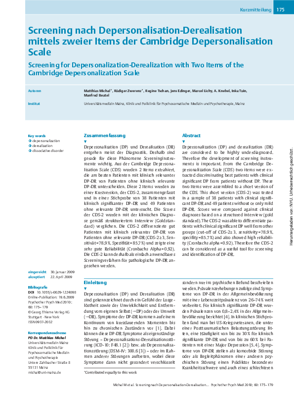 (PDF) Screening nach Depersonalisation-Derealisation mittels zweier ...
