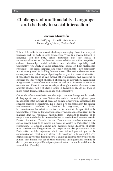 (PDF) Challenges of multimodality: Language and the body in social interaction