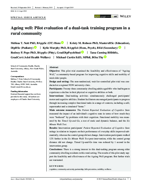 (PDF) Ageing well: Pilot evaluation of a dual‐task training program in ...
