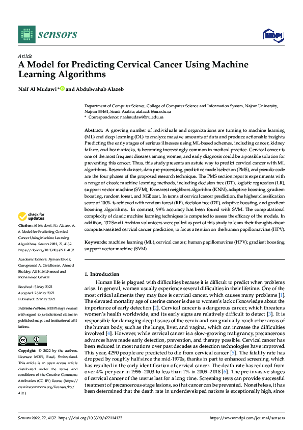 Pdf A Model For Predicting Cervical Cancer Using Machine Learning Algorithms