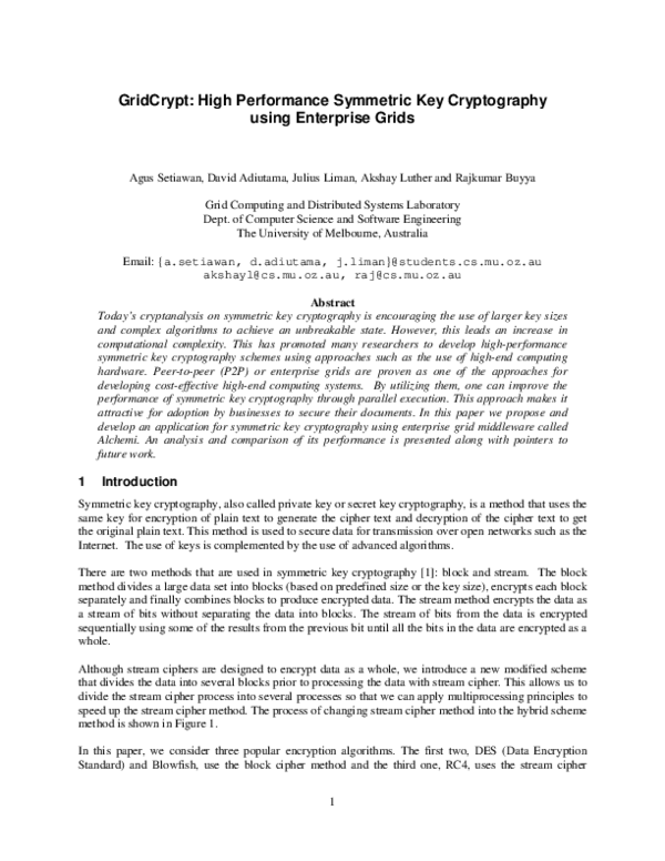 (PDF) GridCrypt: High Performance Symmetric Key Cryptography Using Enterprise Grids