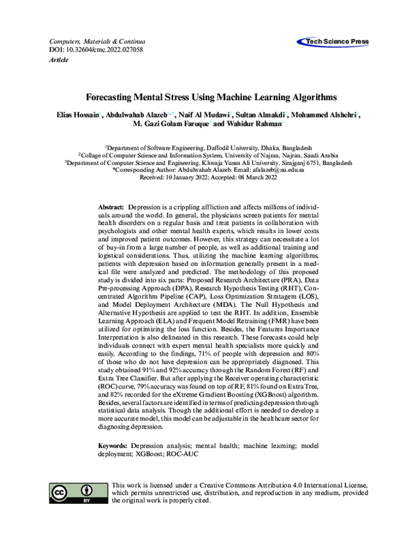 (PDF) Forecasting Mental Stress Using Machine Learning Algorithms | ABDULWAHAB ALAZEB - Academia.edu