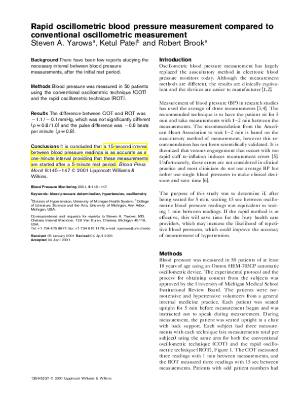 (PDF) Rapid oscillometric blood pressure measurement compared to ...