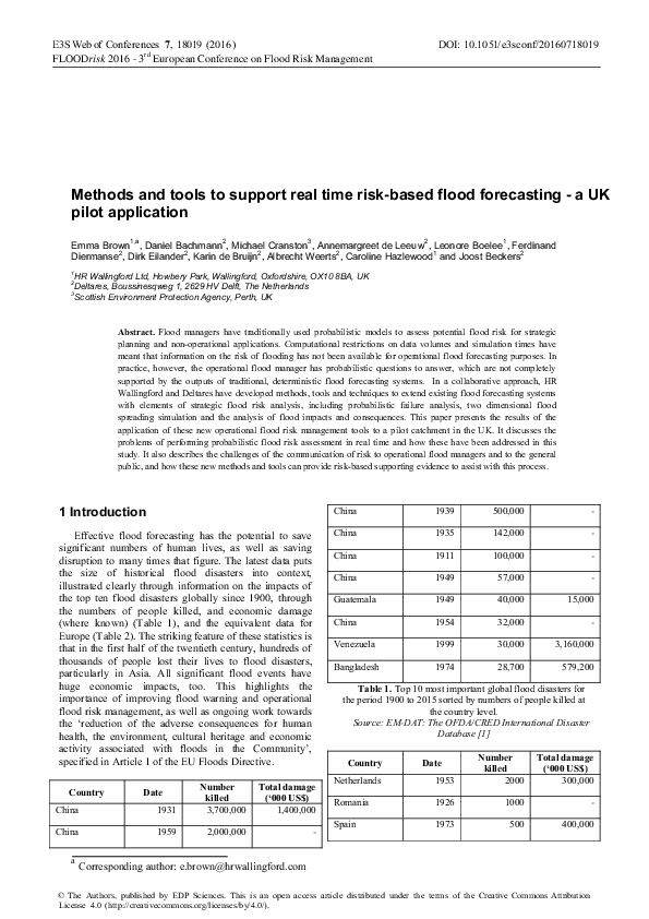 Pdf Methods And Tools To Support Real Time Risk Based Flood Forecasting A Uk Pilot Application