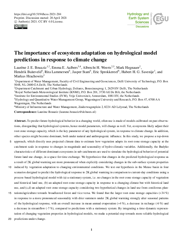 Pdf The Importance Of Ecosystem Adaptation On Hydrological Model Predictions In Response To