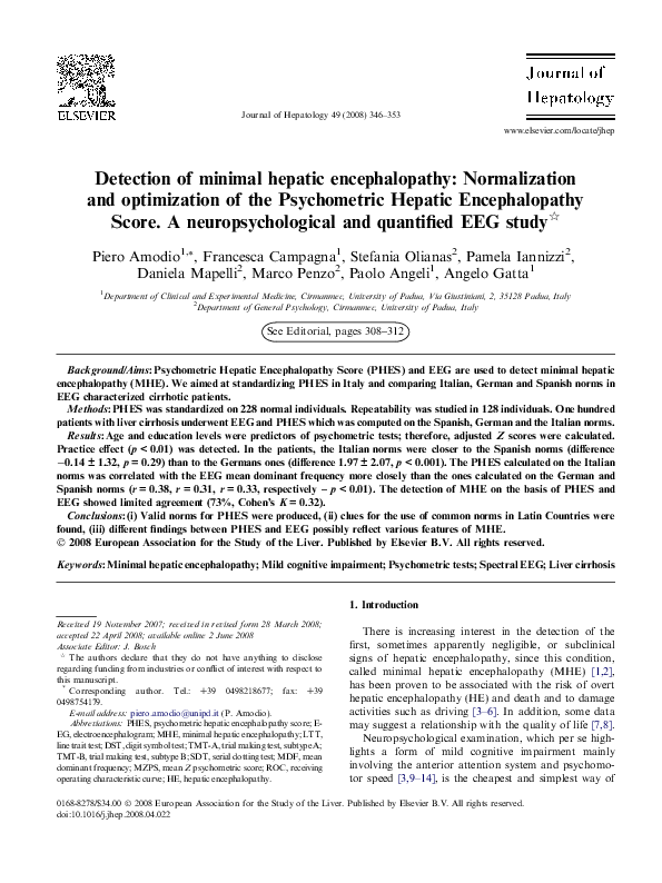 Pdf Detection Of Minimal Hepatic Encephalopathy Normalization And Optimization Of The