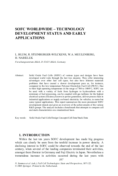 (PDF) SOFC Worldwide — Technology Development Status and Early Applications