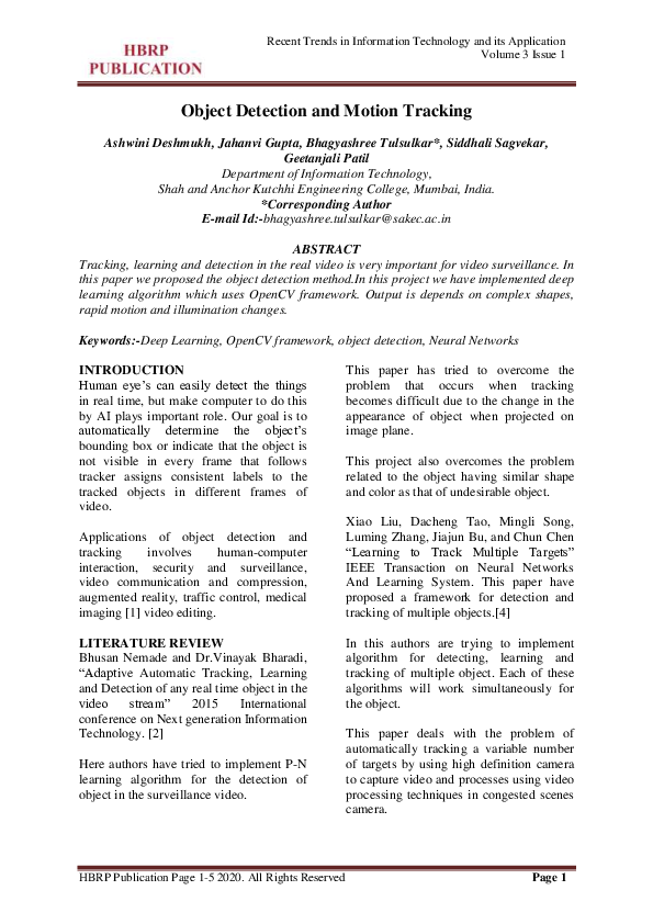 (PDF) Object Detection and Motion Tracking