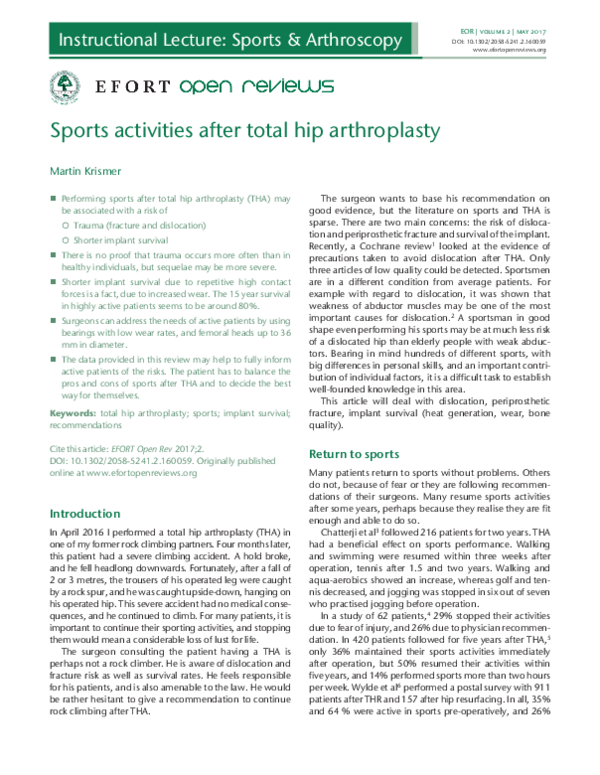 (PDF) Sports activities after total hip arthroplasty