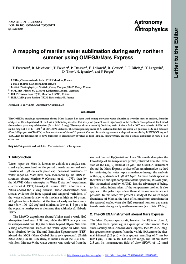 (PDF) A mapping of martian water sublimation during early northern summer using OMEGA/Mars Express