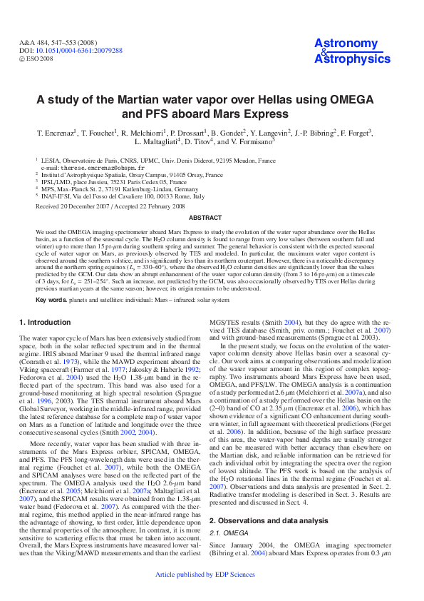 (PDF) A study of the Martian water vapor over Hellas using OMEGA and ...