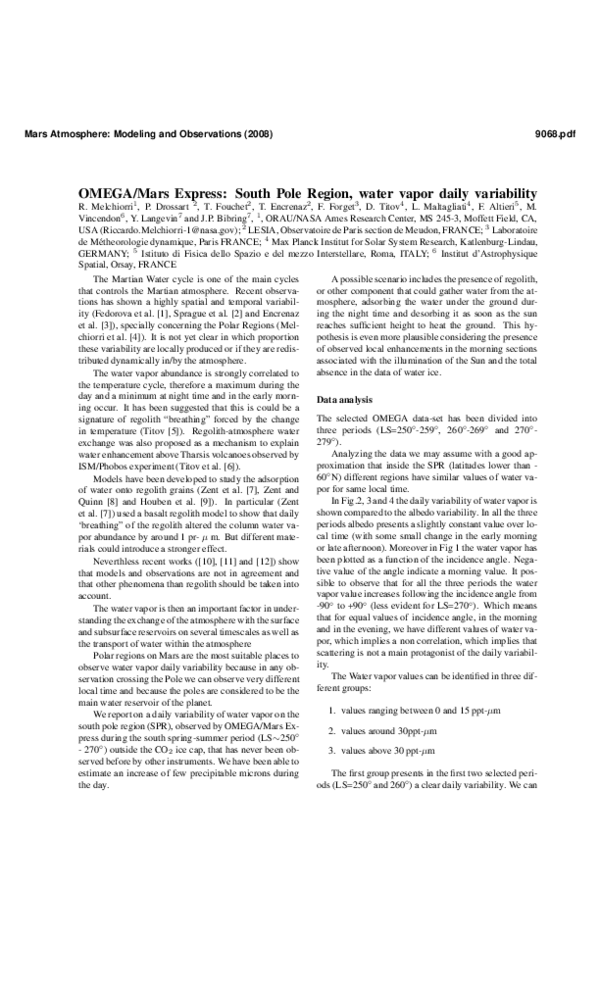 (PDF) OMEGA/Mars Express: South Pole Region, water vapor daily variability
