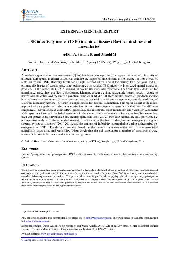 (PDF) TSE infectivity model (TSEi) in animal tissues: Bovine intestines ...