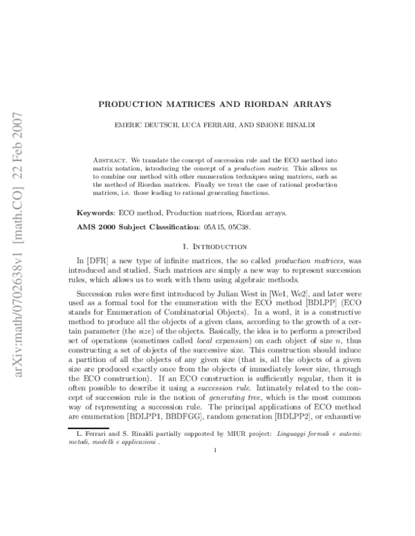 (PDF) Production Matrices and Riordan Arrays | simone rinaldi ... (PDF) Production Matrices and Riordan Arrays | simone rinaldi ...