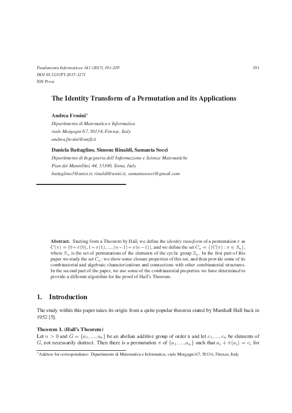 Pdf The Identity Transform Of A Permutation And Its Applications