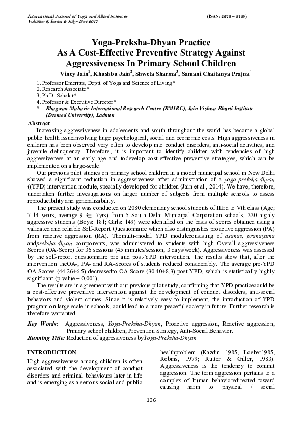 (PDF) Yoga-Preksha-Dhyan Practice As A Cost-Effective Preventive Strategy Against Aggressiveness ...