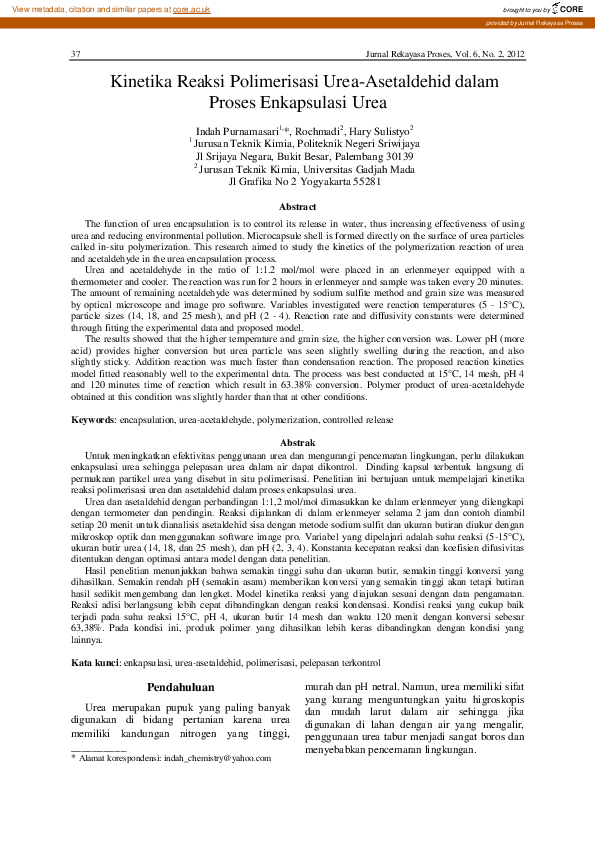(PDF) Kinetika Reaksi Polimerisasi Urea-Asetaldehid Dalam Proses ...