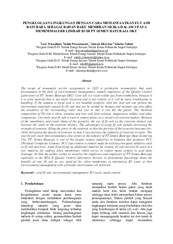 (PDF) Pengelolaan Lingkungan Dengan Cara Memanfaatkan Fly Ash Batubara Sebagai Bahan Baku ...