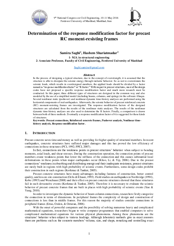 Pdf Determination Of The Response Modification Factor For Precast Rc Moment Resisting Frames