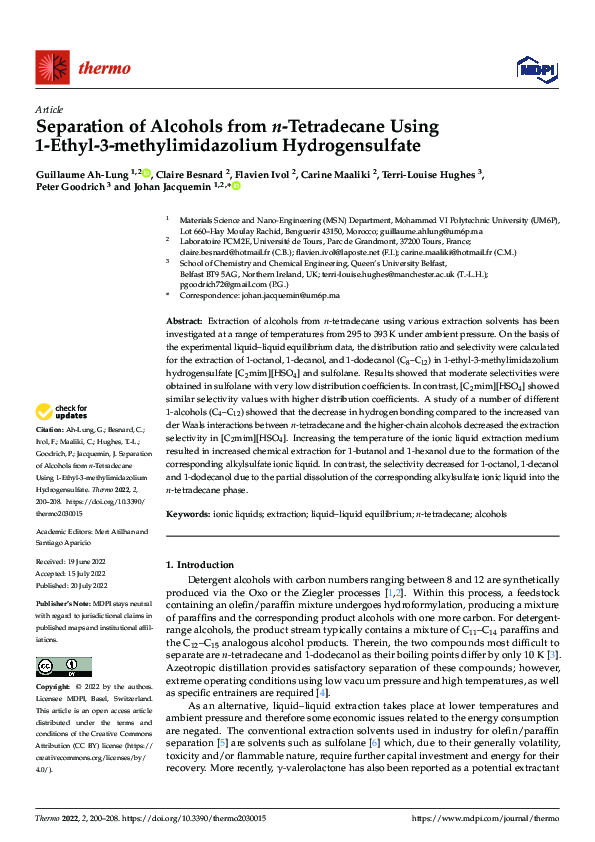 (PDF) Separation of Alcohols from n-Tetradecane Using 1-Ethyl-3 ...