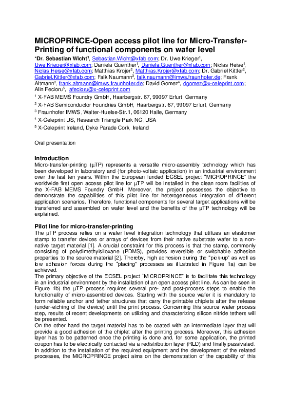 (PDF) MICROPRINCE-Open access pilot line for Micro-Transfer-Printing of ...