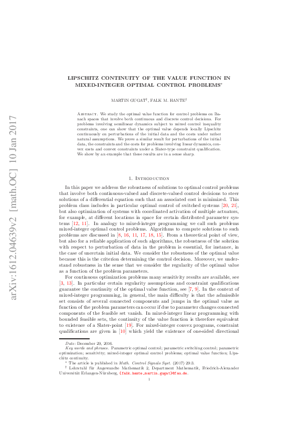 (PDF) Lipschitz continuity of the value function in mixed-integer optimal control problems