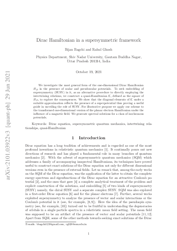 (PDF) Dirac Hamiltonian in a supersymmetric framework