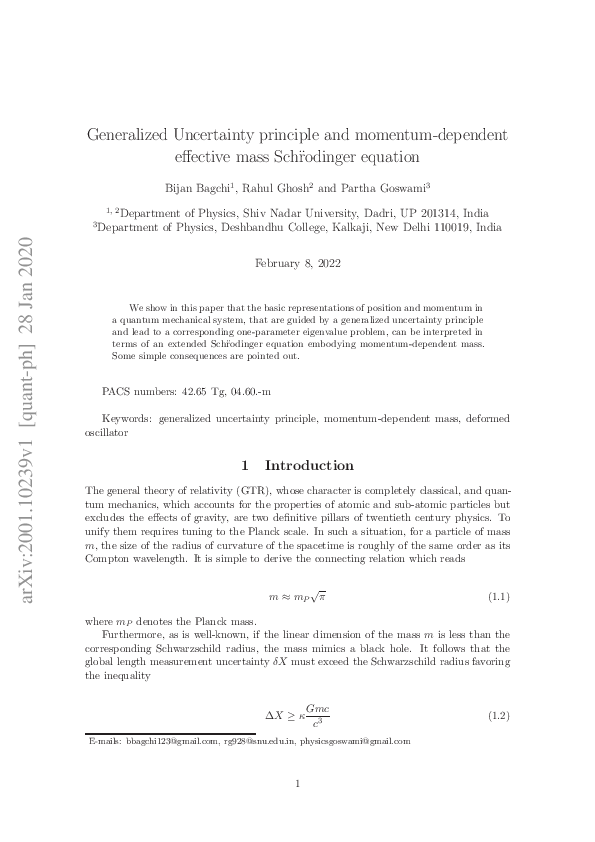 (PDF) Generalized Uncertainty Principle and Momentum-Dependent Effective Mass Schrödinger Equation