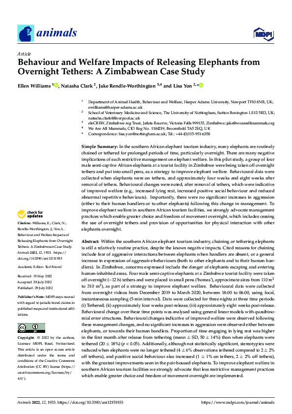(PDF) Behaviour and Welfare Impacts of Releasing Elephants from ...