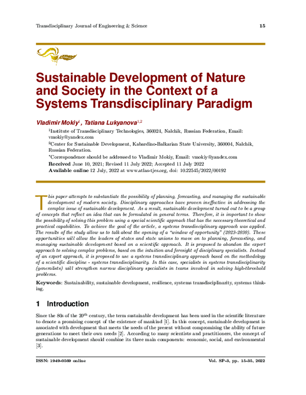 (PDF) Sustainable Development of Nature and Society in the Context of a Systems ...