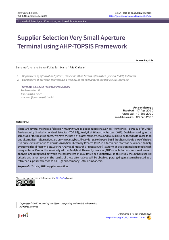 Pdf Supplier Selection Very Small Aperture Terminal Using Ahp Topsis