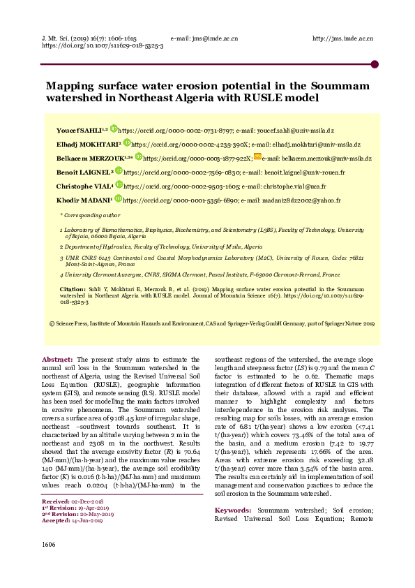 (PDF) Mapping surface water erosion potential in the Soummam watershed in Northeast Algeria with ...