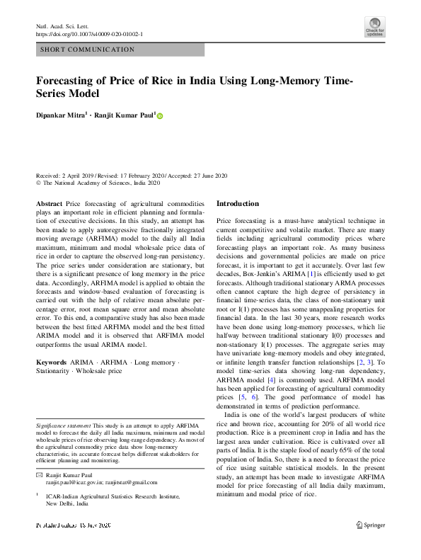 (PDF) Forecasting of Price of Rice in India Using Long-Memory Time-Series Model