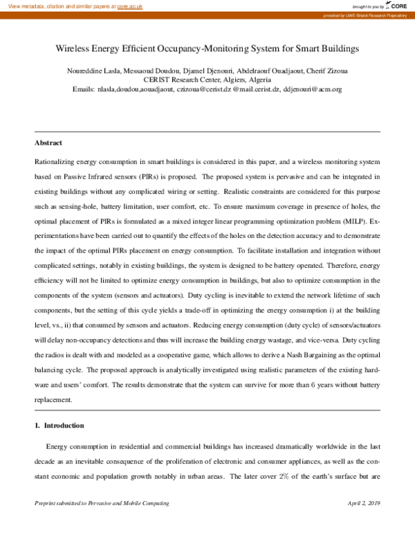 Pdf Wireless Energy Efficient Occupancy Monitoring System For Smart Buildings