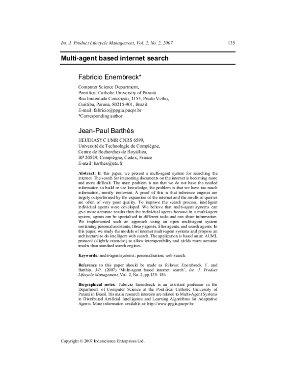 (PDF) Multi-agent based internet search