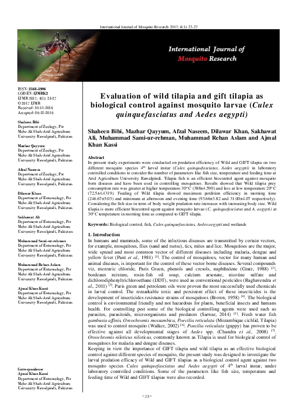 (PDF) Evaluation of wild tilapia and gift tilapia as biological control against mosquito larvae ...