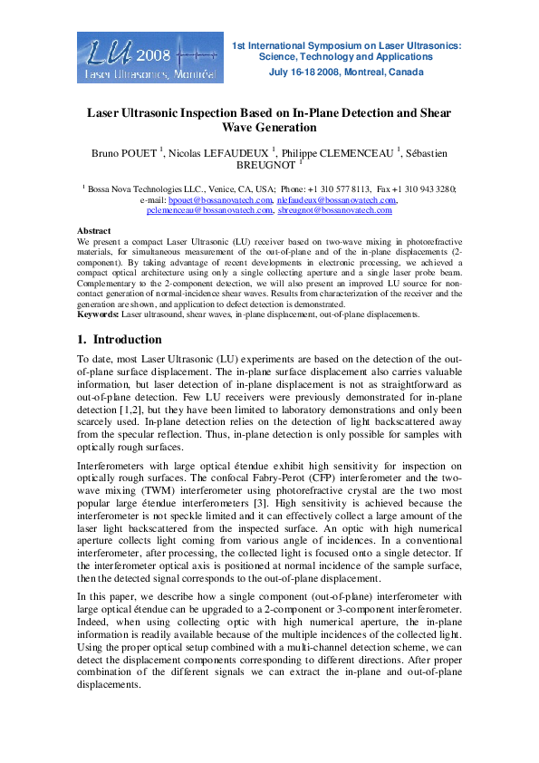 (PDF) Laser Ultrasonic Inspection Based on In-Plane Detection and Shear Wave Generation
