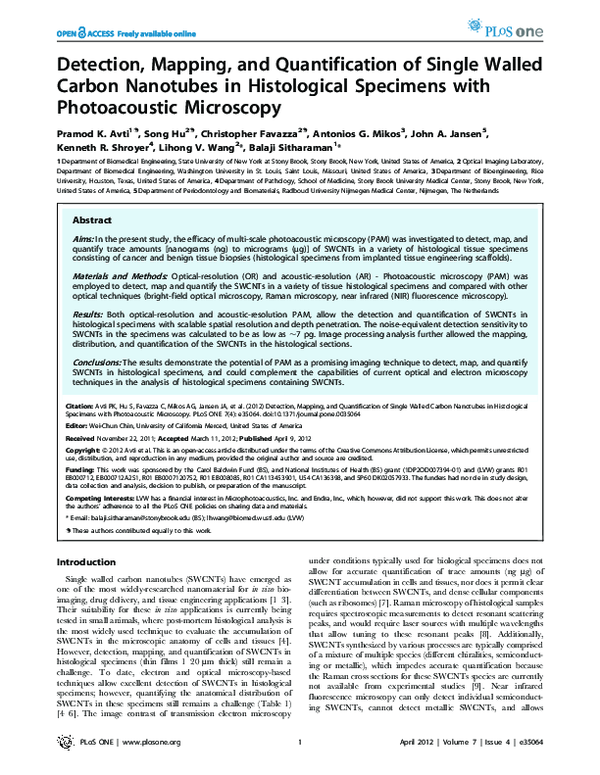 (PDF) Detection, Mapping, and Quantification of Single Walled Carbon Nanotubes in Histological ...