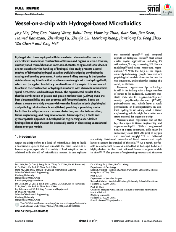 (PDF) Vessel-on-a-chip with Hydrogel-based Microfluidics