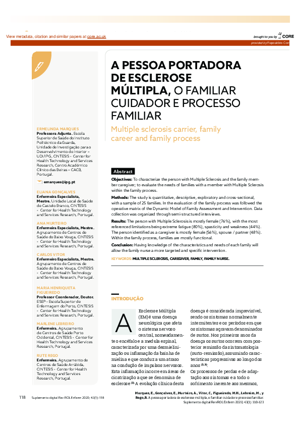 (PDF) Multiple sclerosis carrier, family career and family process