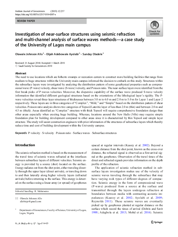 Pdf Investigation Of Near Surface Structures Using Seismic Refraction