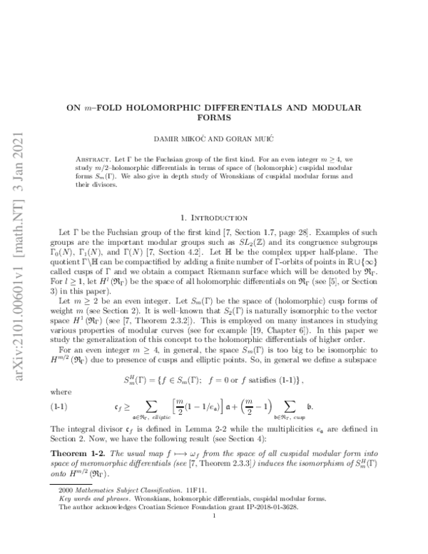 (PDF) On $m$--fold Holomorphic Differentials and Modular Forms