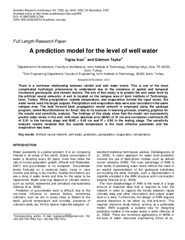 (PDF) A prediction model for the level of well water