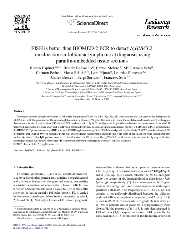 (PDF) FISH is better than BIOMED-2 PCR to detect IgH/BCL2 translocation in follicular lymphoma ...