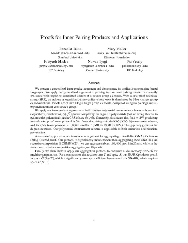 (PDF) Proofs for Inner Pairing Products and Applications | PRATYUSH MISHRA - Academia.edu