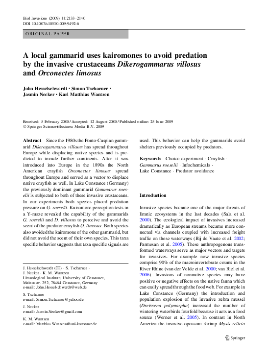 (PDF) A local gammarid uses kairomones to avoid predation by the ...
