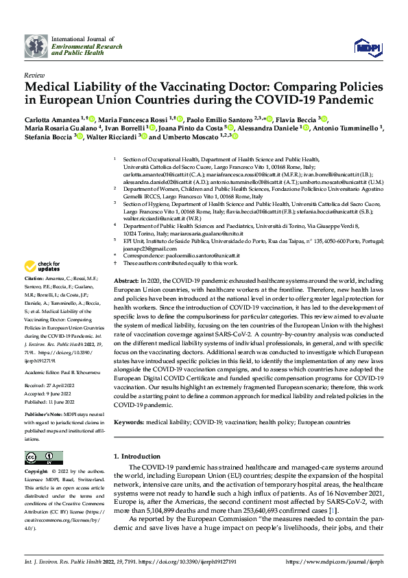 (PDF) Medical Liability of the Vaccinating Doctor: Comparing Policies ...