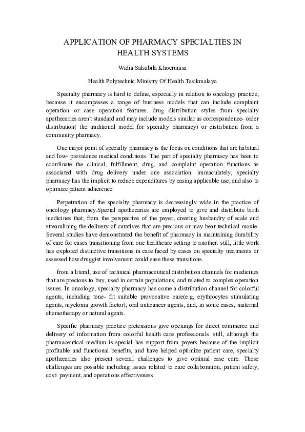 (DOC) APPLICATION OF PHARMACY SPECIALTIES IN HEALTH SYSTEMS