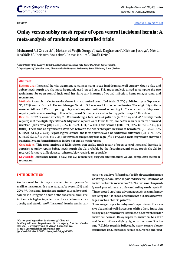 (PDF) Onlay versus sublay mesh repair of open ventral incisional hernia ...